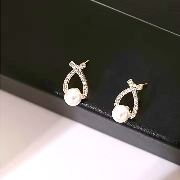 Jewelry | Simple Cross Stud Earrings Inlaid Round Shape Faux Pearls ...